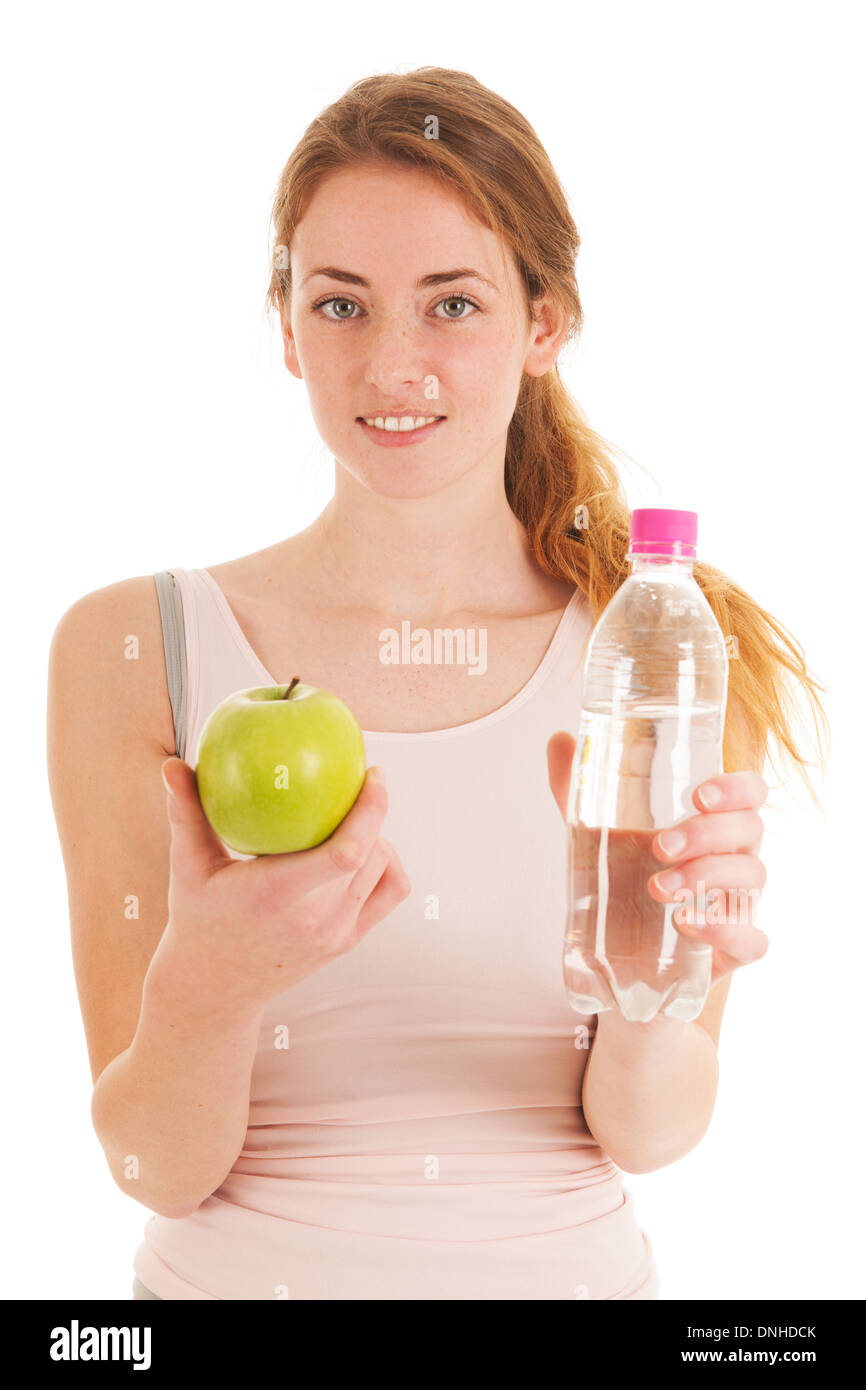 Sport woman is eating fruit and drinking water after work out Stock ...