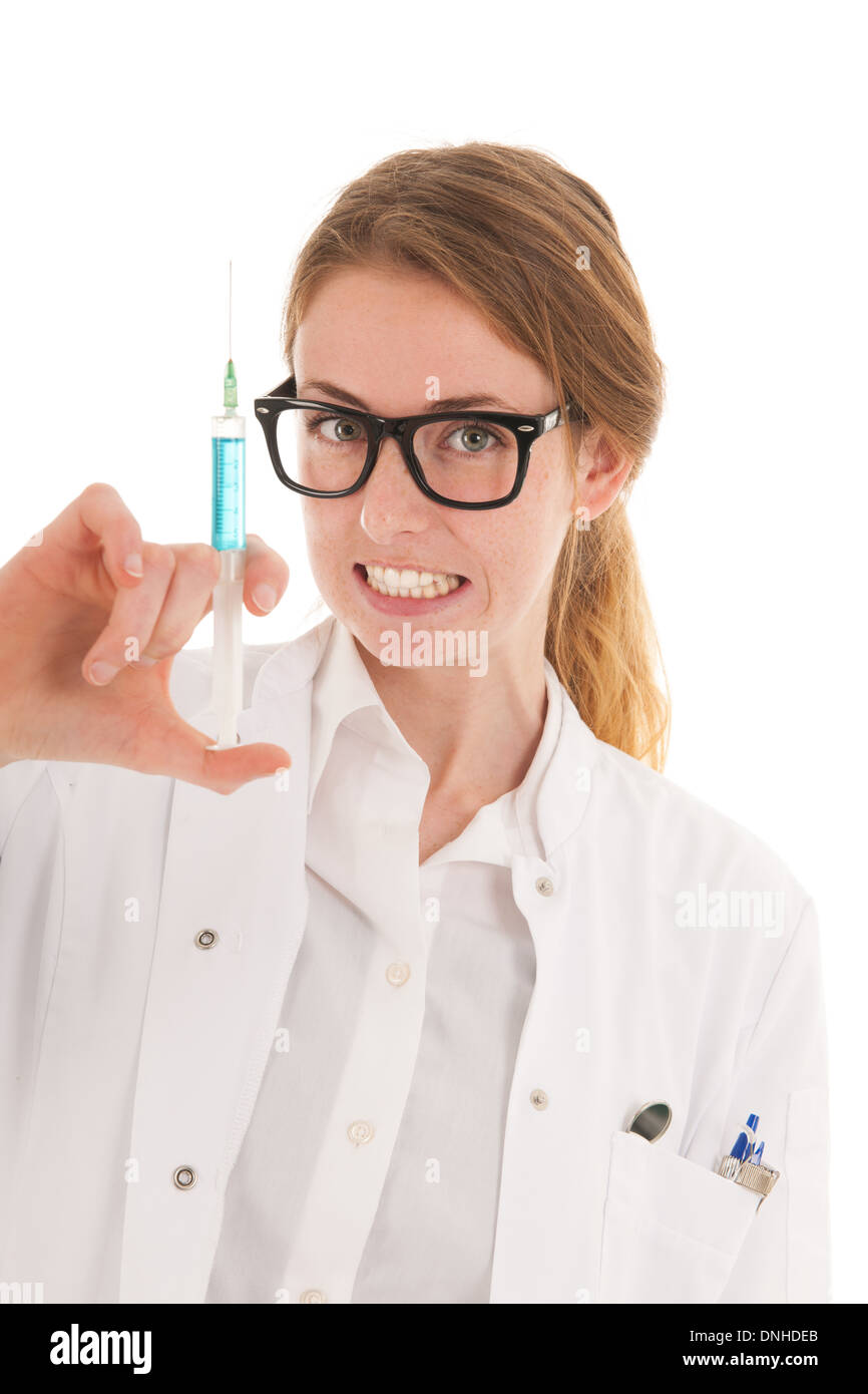 Female dentist with evil injection needle for anesthesia isolated over ...