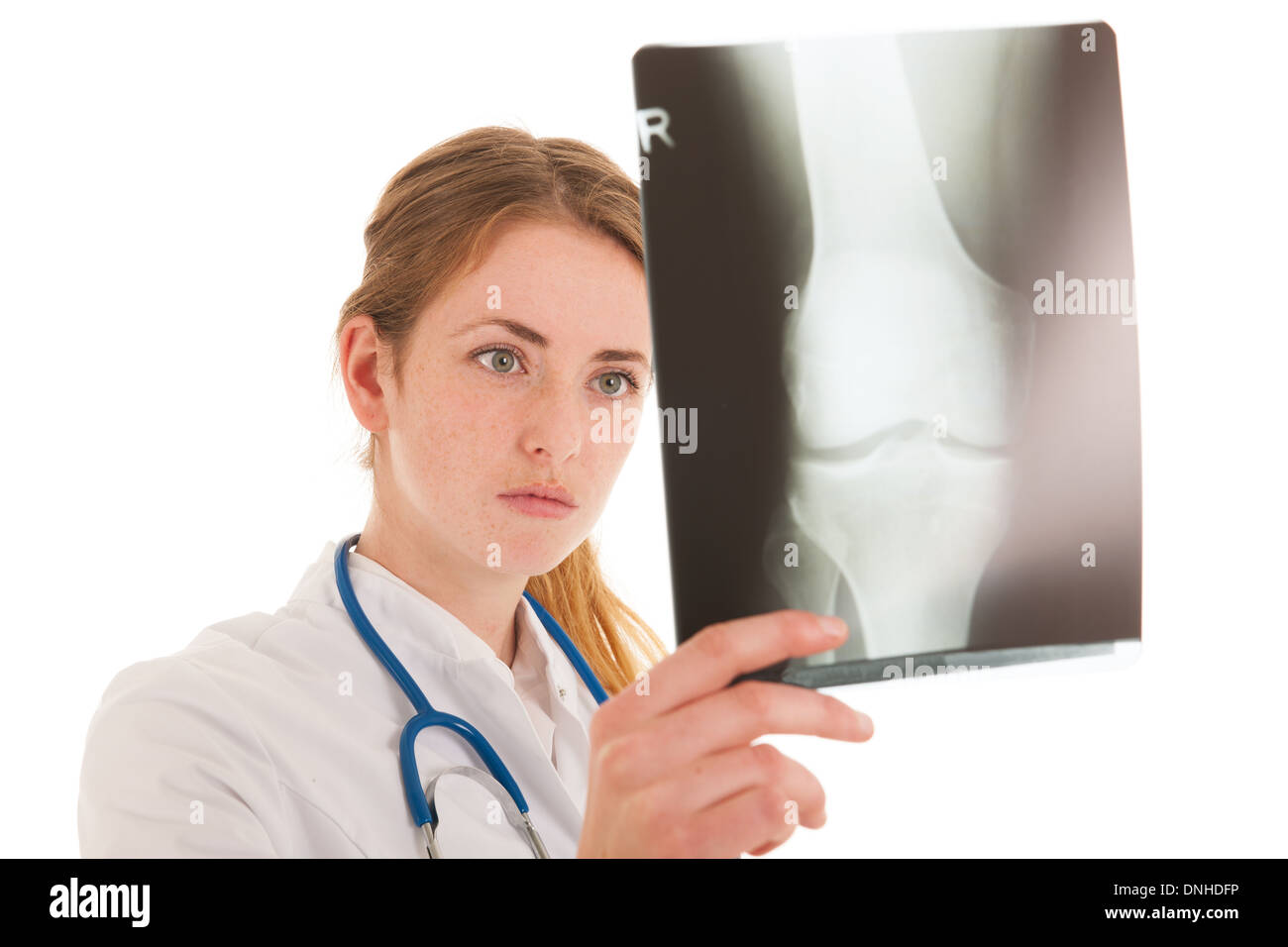 Portrait of doctor looking at x-ray isolated over white background ...