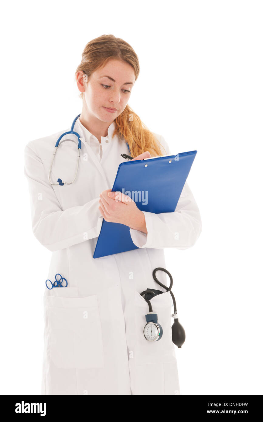 Portrait female doctor with stethoscope, clipboard and measurement tool ...