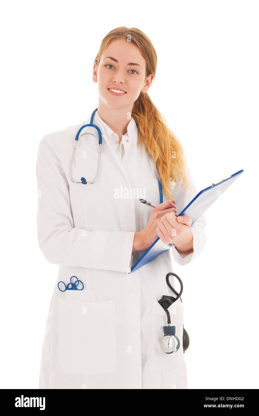 Portrait female doctor with stethoscope, clipboard and measurement tool ...