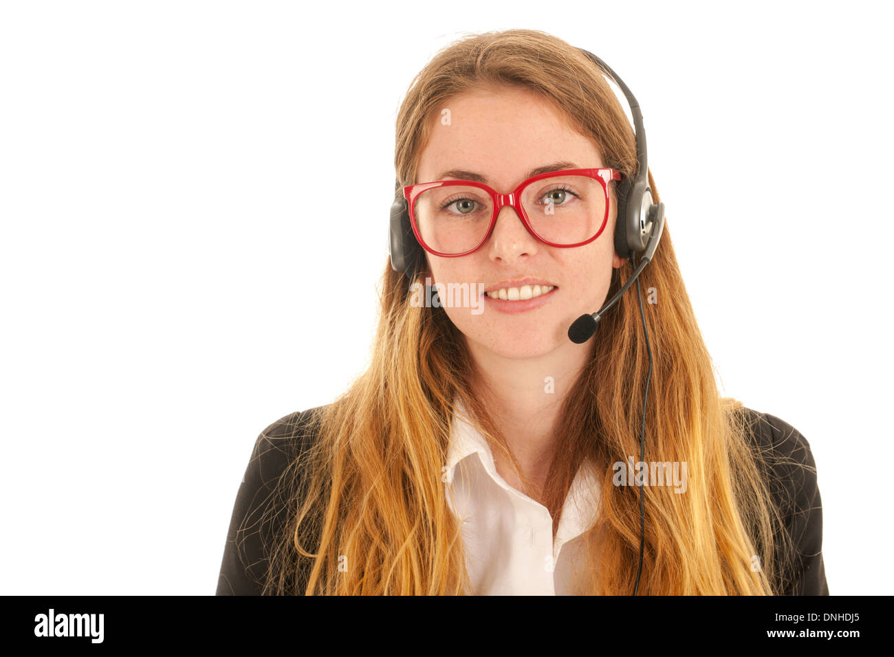 Blond woman with headset for customer support on the phone isolated ...