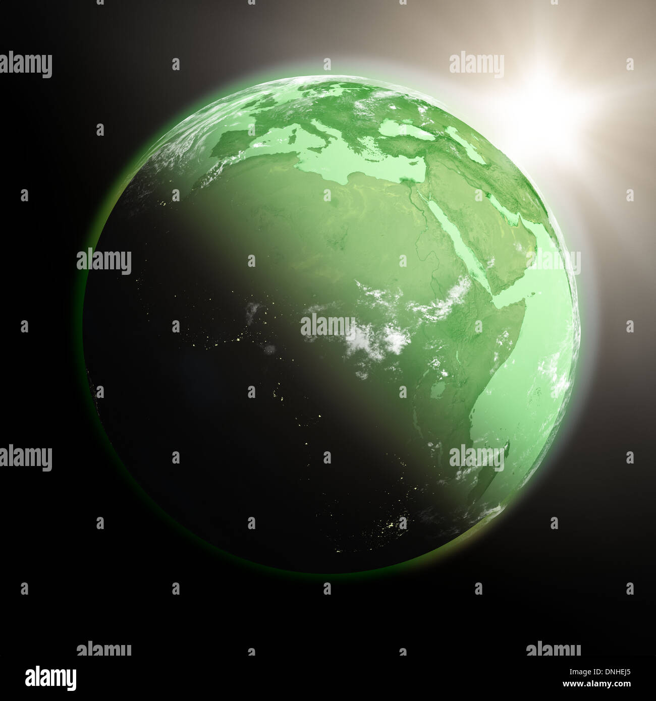 Space view of the sun rising over Africa on green planet Earth ...