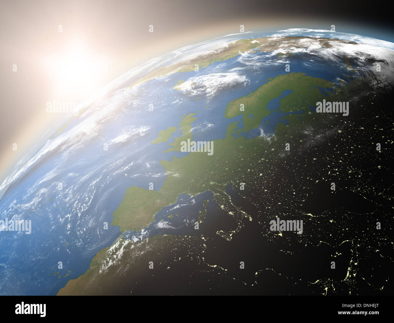 Space view of the sun rising over Europe on planet Earth. Elements of ...