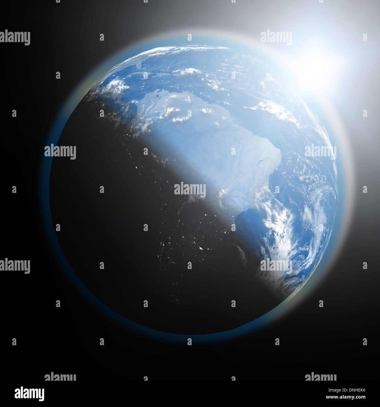 Space view of the sun rising over South America on blue planet Earth ...