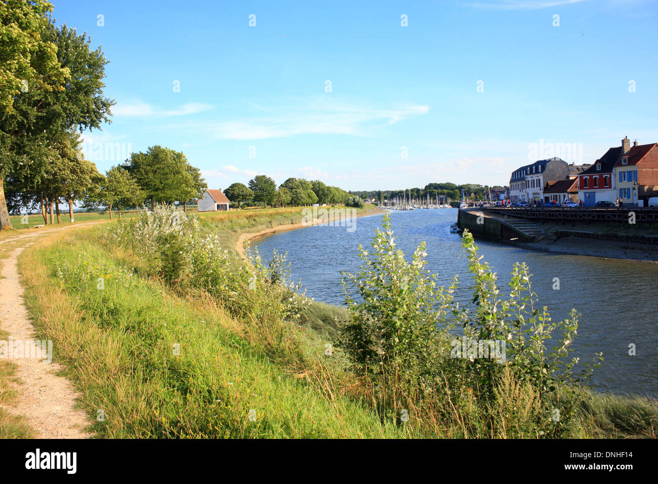 View of St Valery sur Mer across River Somme at Quai digue nord, St ...