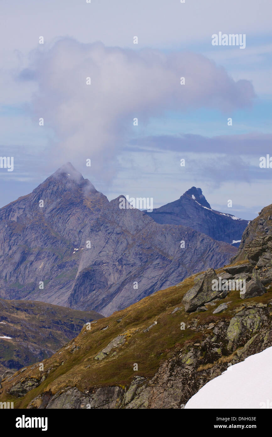 Typical norwegian landscape with sharp rocky mountain peaks on Lofoten ...