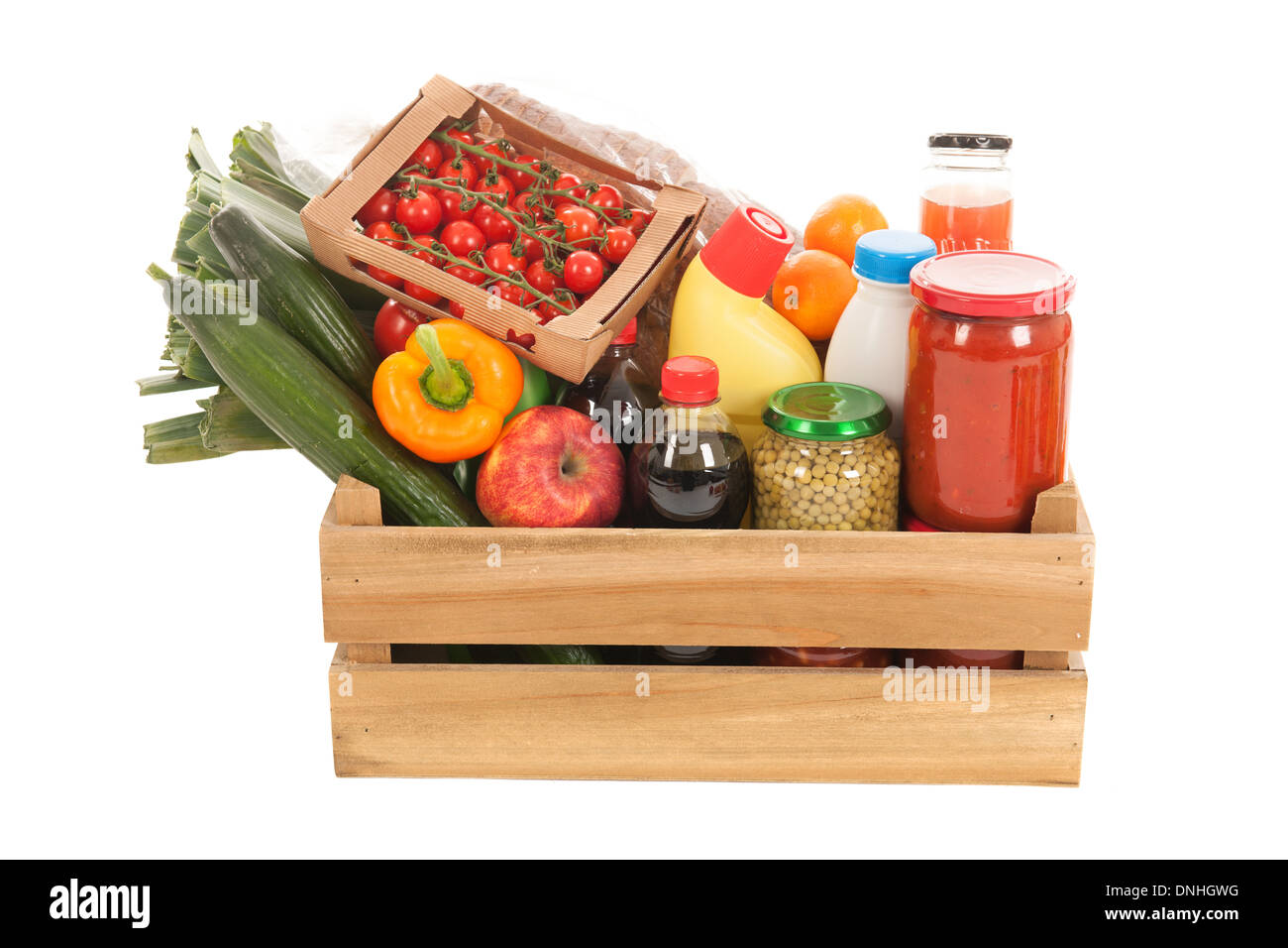 Wooden crate fresh vegetables and other dairy groceries Stock Photo - Alamy