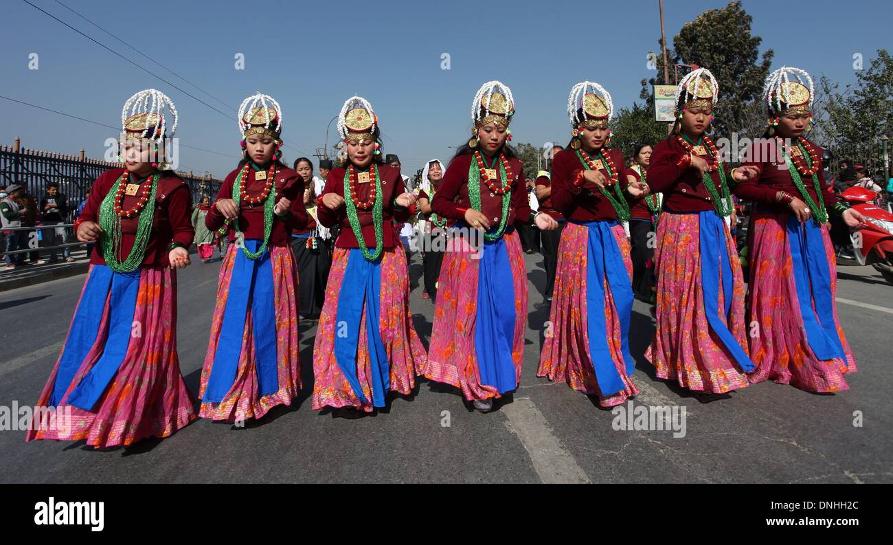 Kathmandu, Nepal. 30th Dec, 2013. Girls from Gurung community dance ...