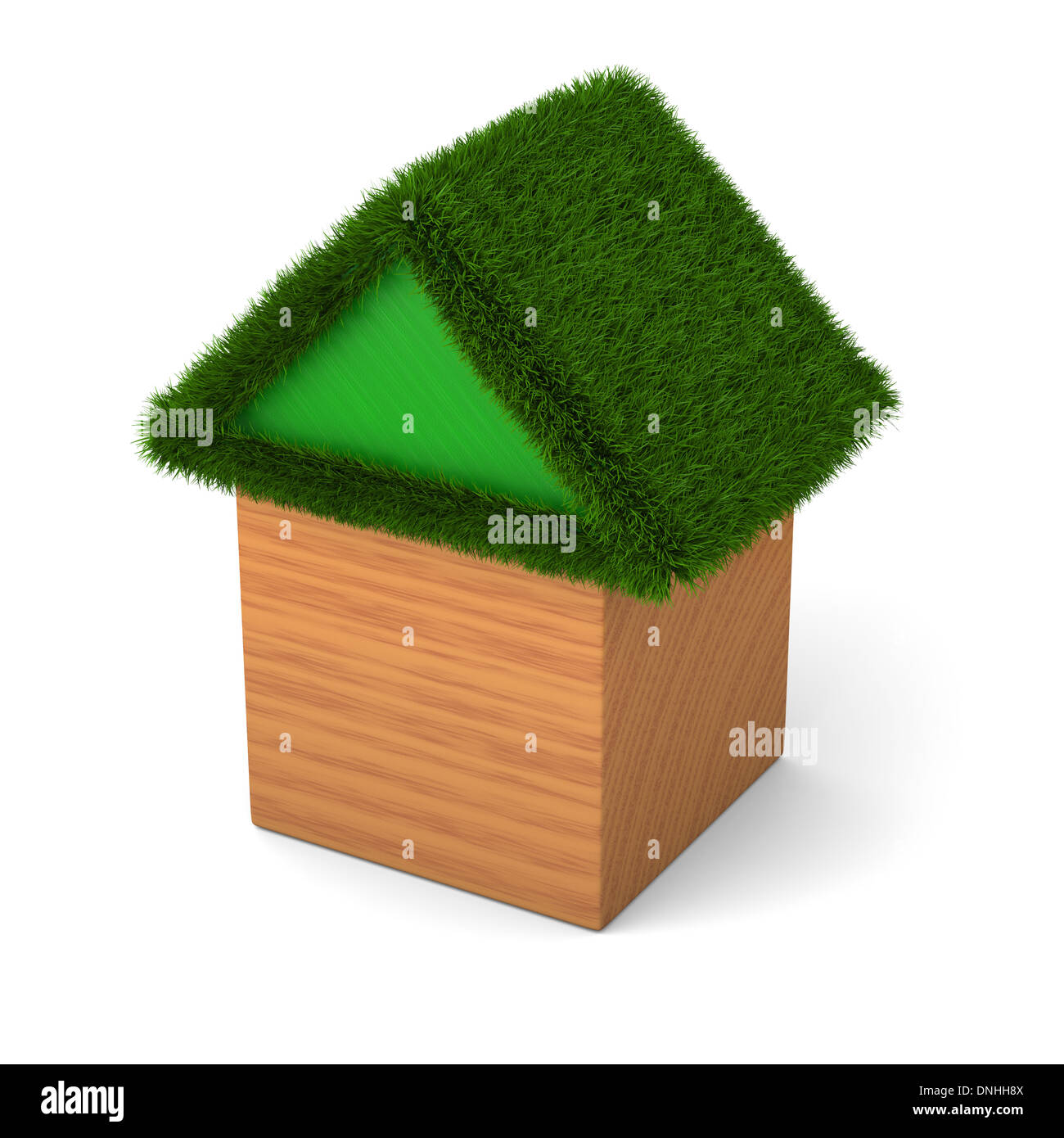 House with green roof made of wooden cubes isolated on white background ...