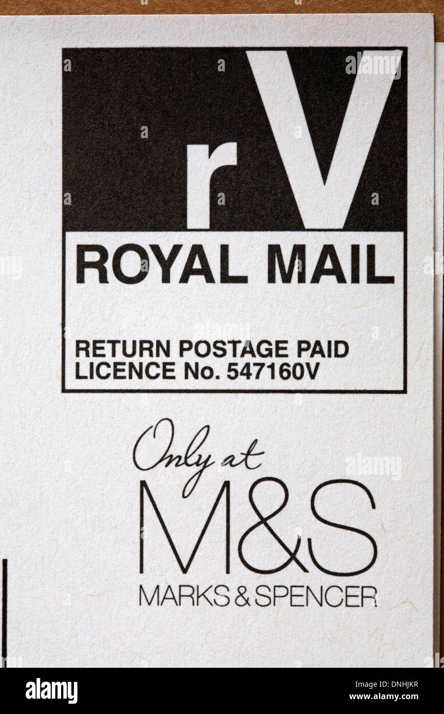 Royal Mail Return Postage Paid R V Only At Mands Marks And Spencer Label On Package Parcel Stock