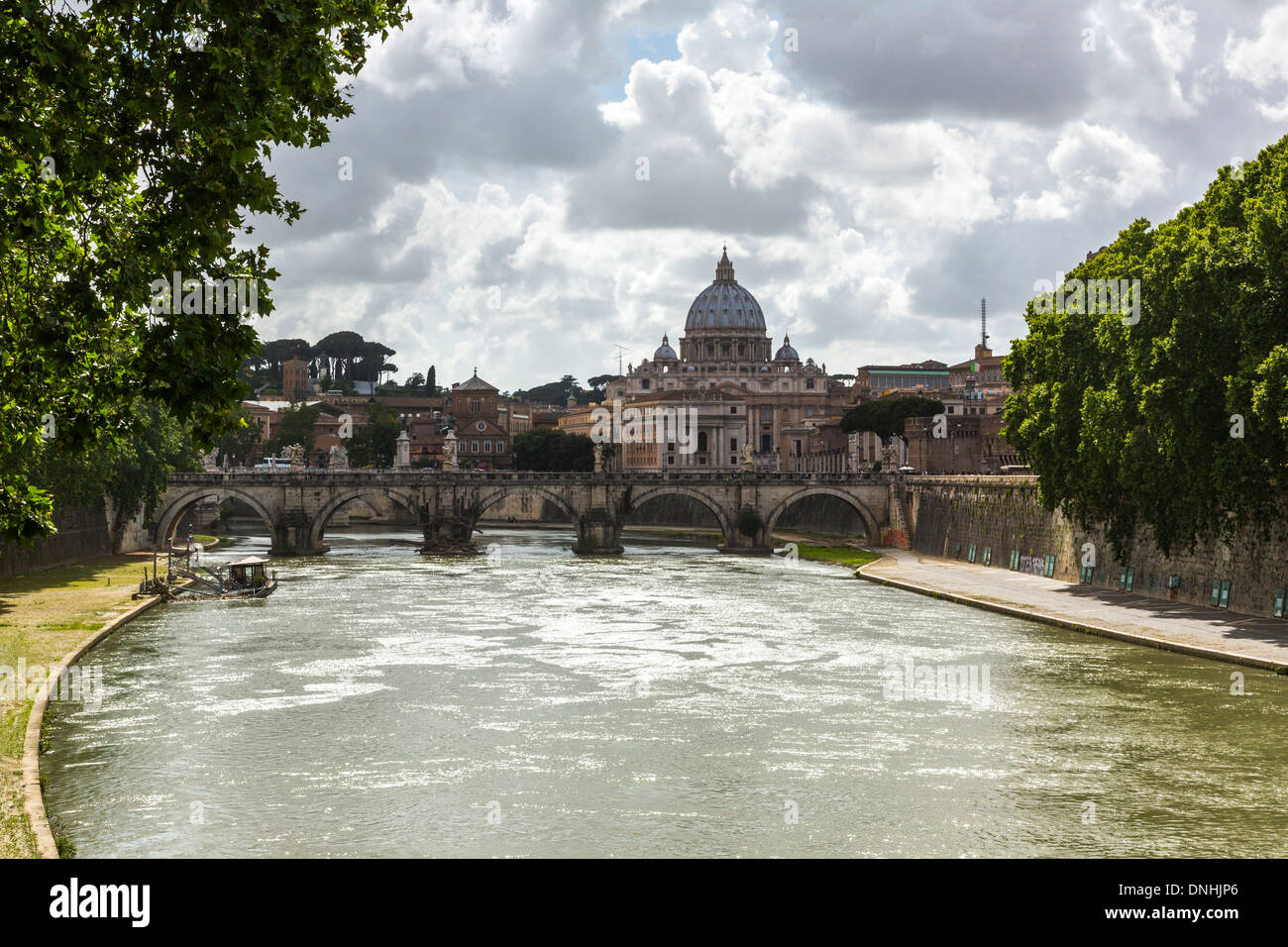 Bridge across the Tiber River and St. Peter's Basilica, Vatican City ...