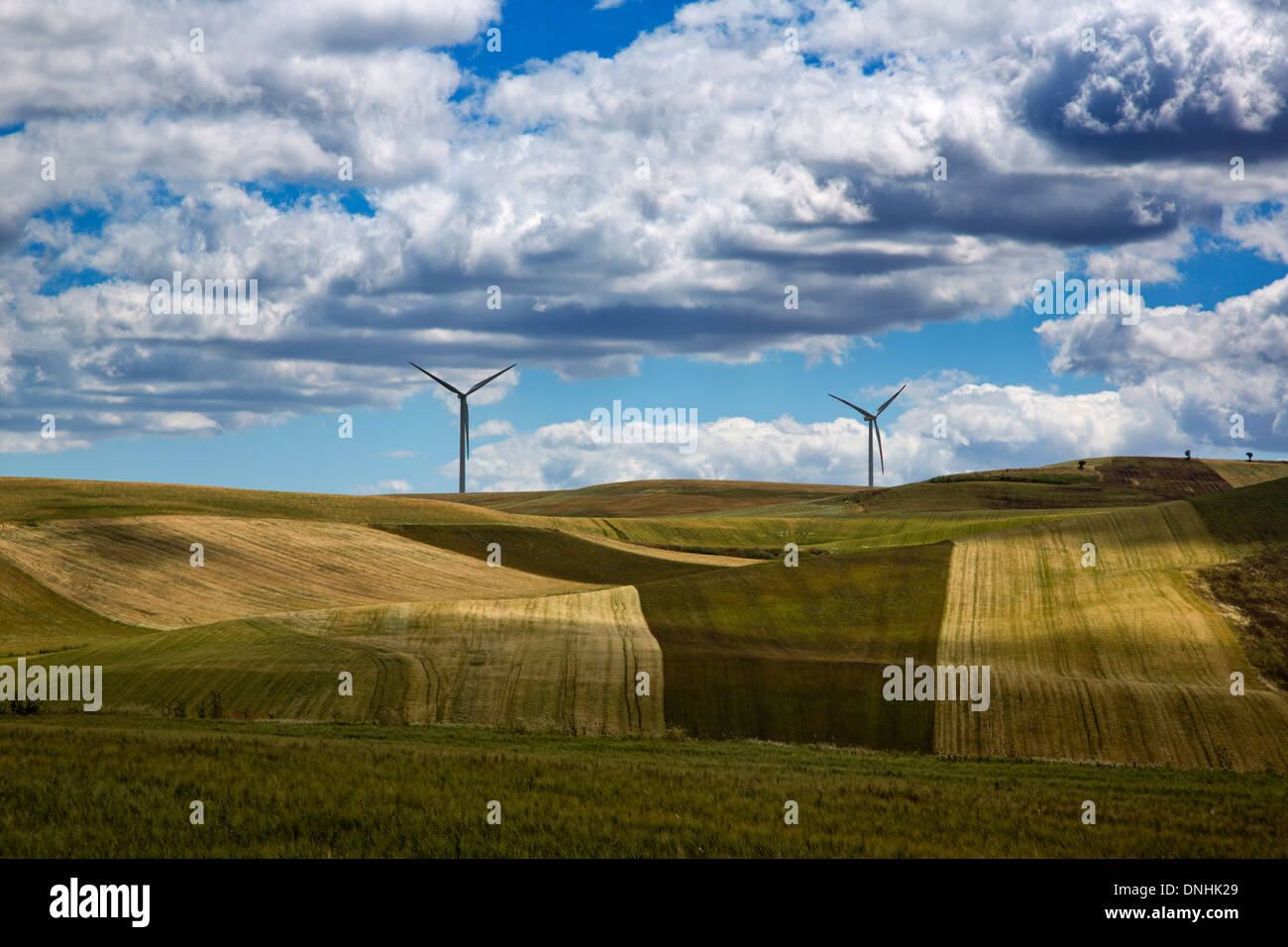 Wind turbines on a hill, Vallata, Avellino, Campania, Italy Stock Photo ...