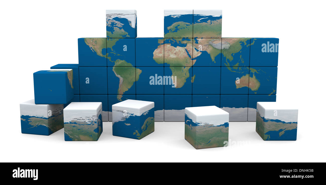 World map made of cubes falling apart isolated on white background ...