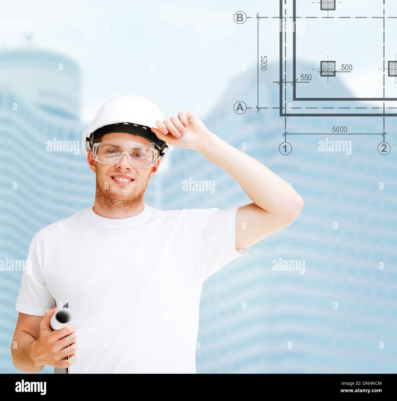 male architect in white helmet with blueprint Stock Photo - Alamy