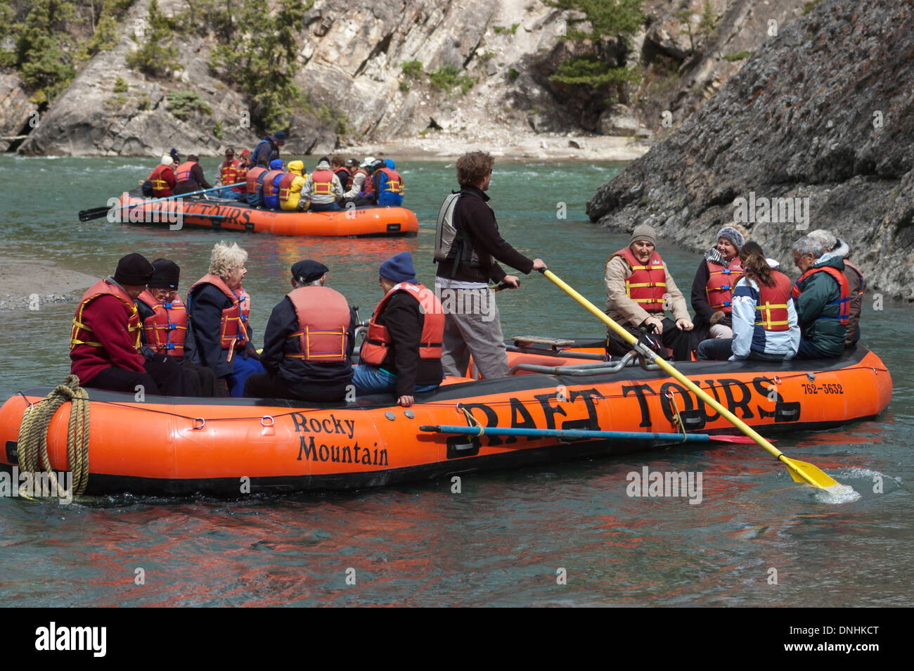 Rocky Mountain Raft tour along the Bow River. Banff. Canada Stock Photo ...