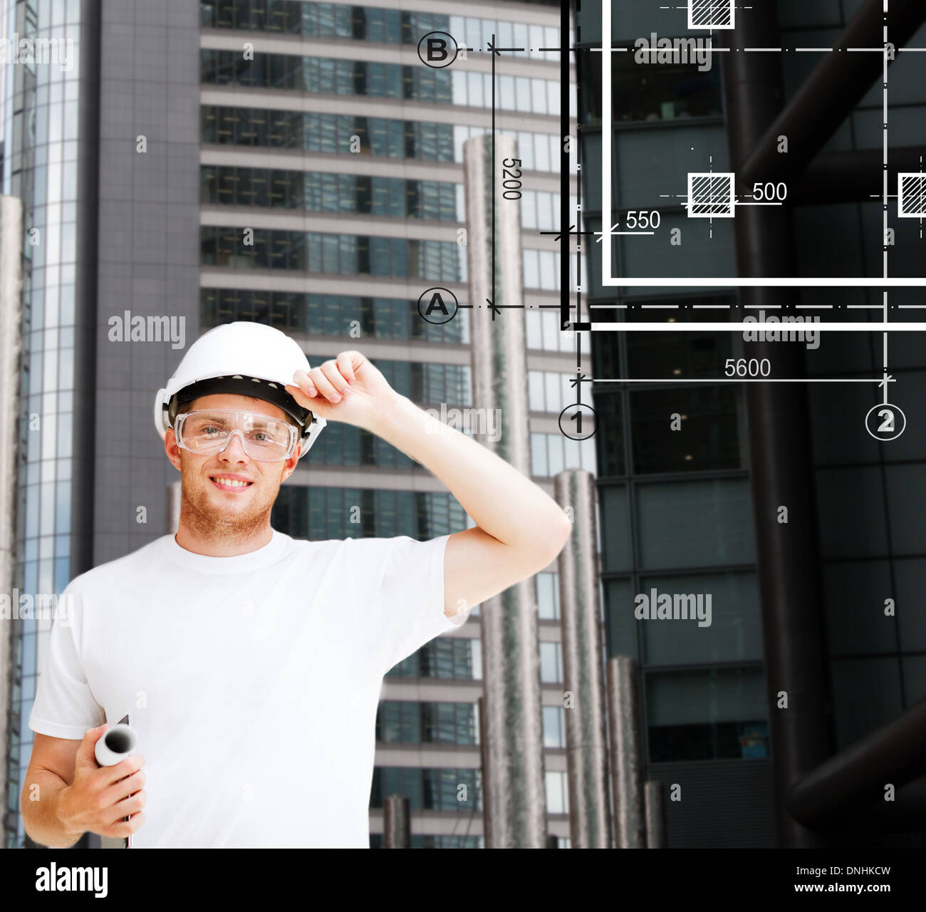 male architect in white helmet with blueprint Stock Photo - Alamy