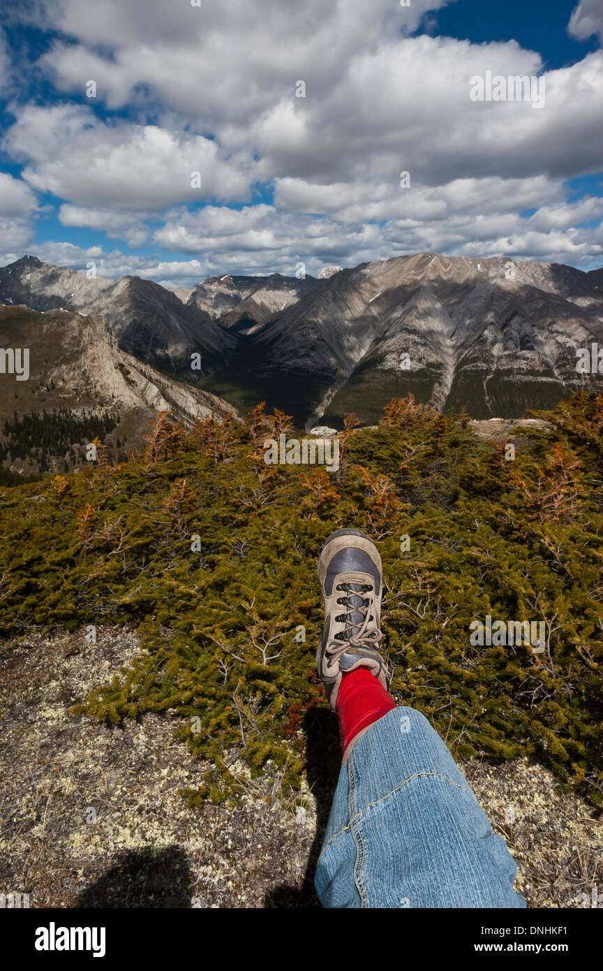 Female hiker resting on top of a mountain range. Canadian Rockies Stock ...