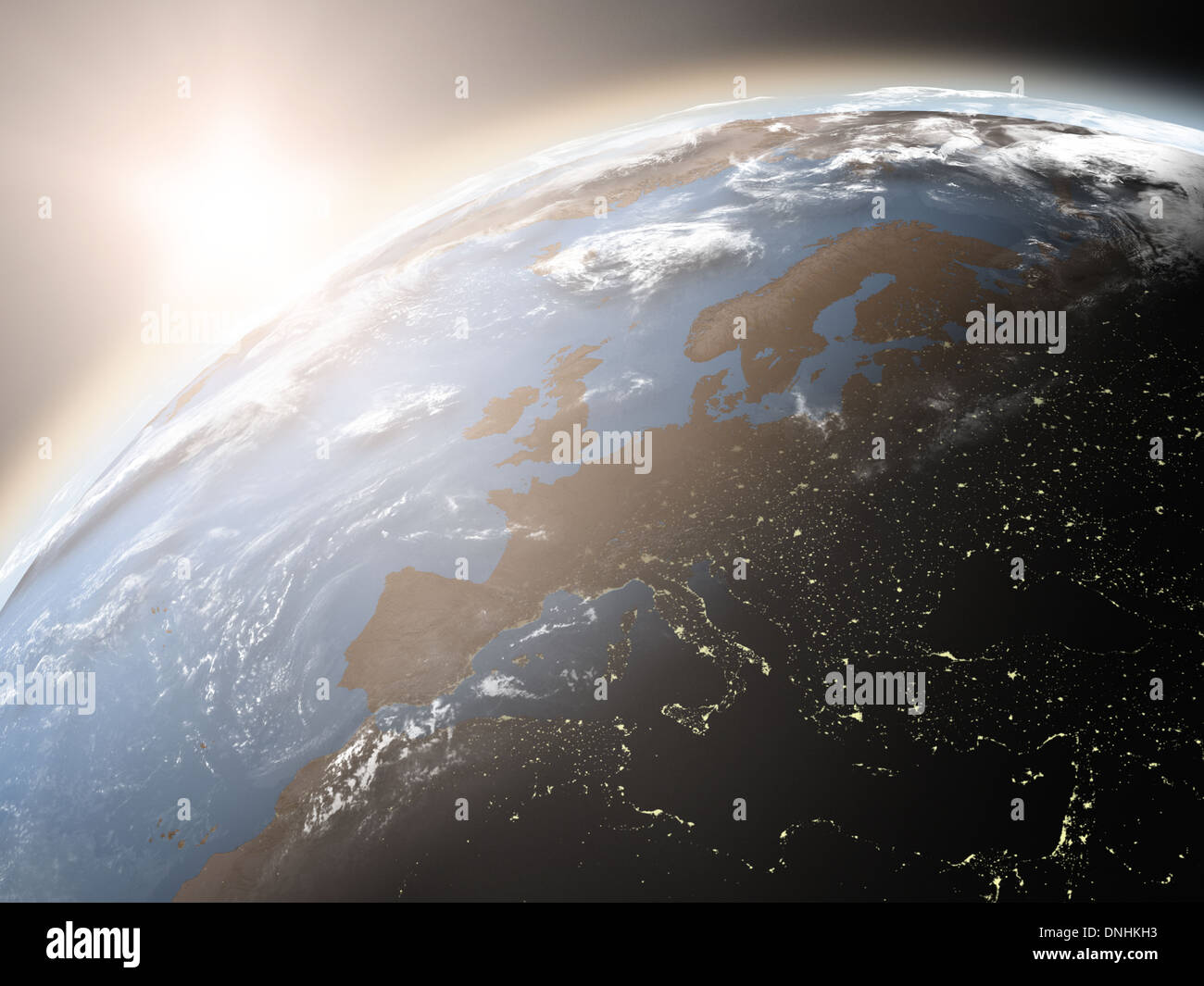 Space view of the sun rising over Europe on planet Earth. Elements of ...