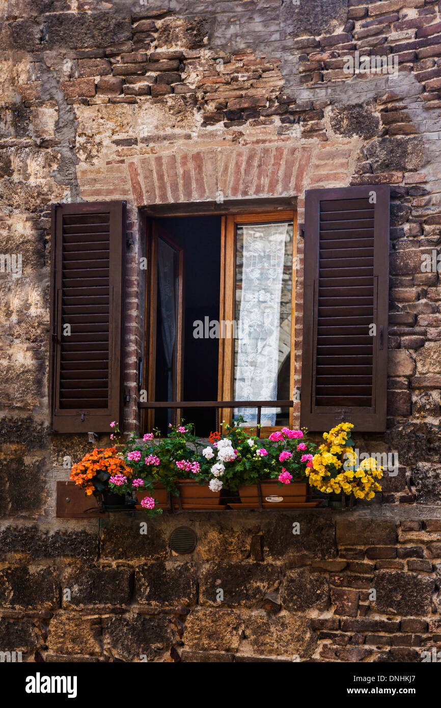 Window boxes on the window of a building, San Gimignano, Siena, Siena ...