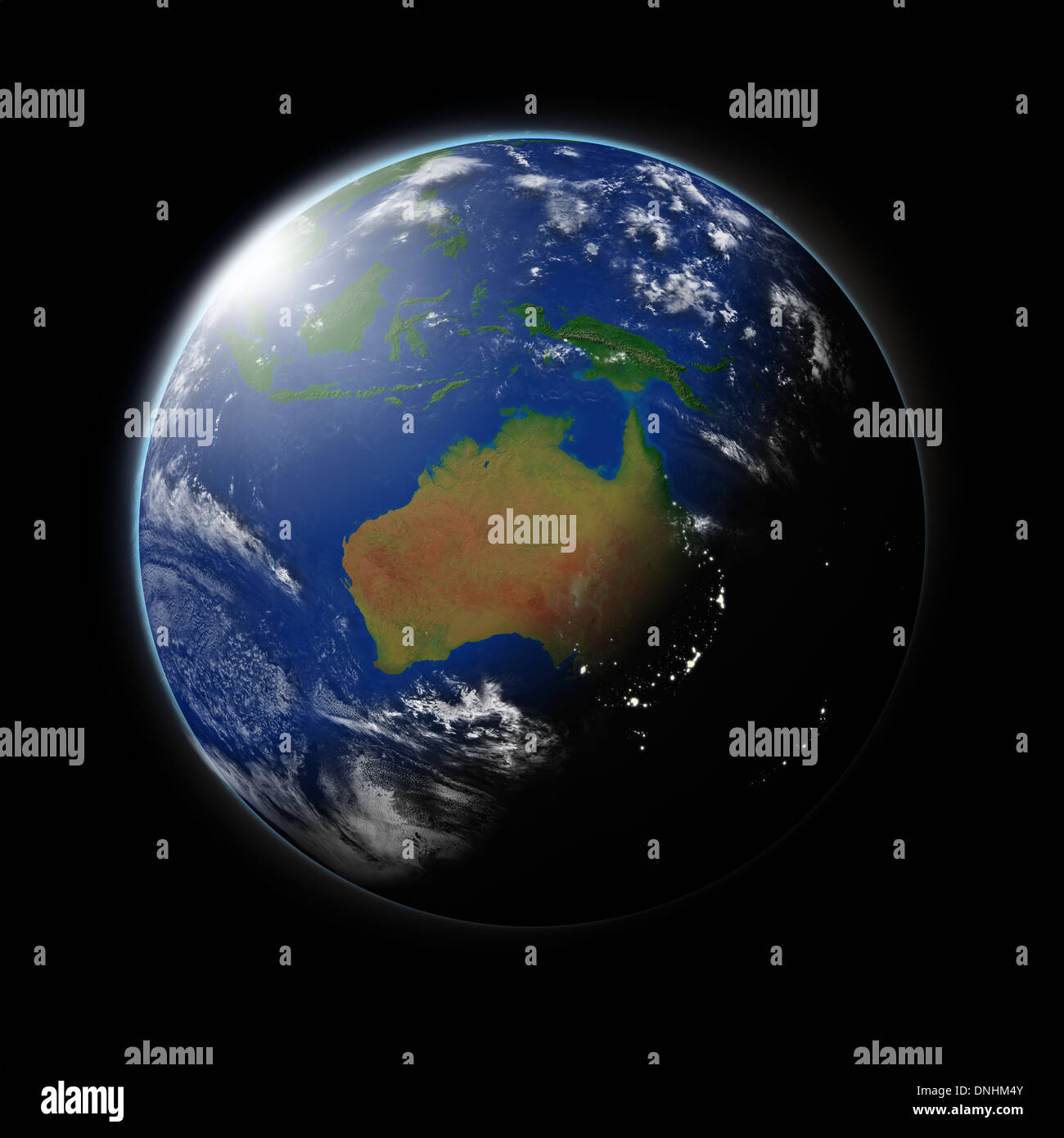 Australia on blue planet Earth isolated on black background. Highly ...