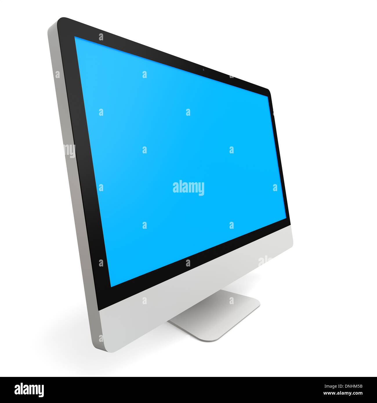 Modern desktop computer with blue screen isolated on white background ...