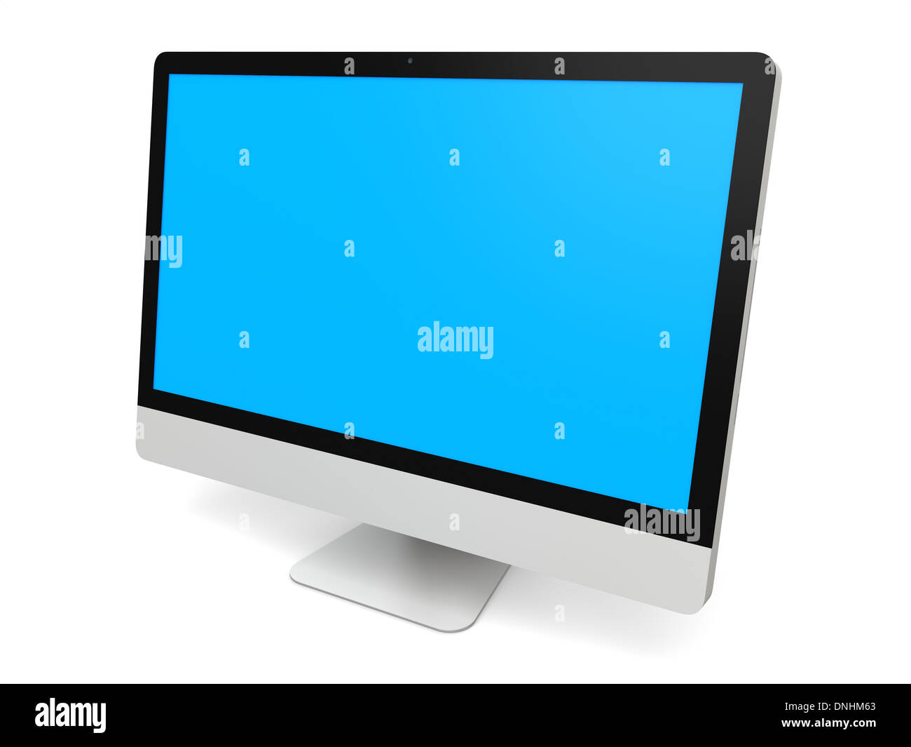 Modern desktop computer with blue screen isolated on white background ...