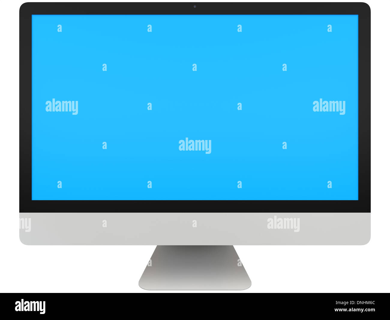 Modern desktop computer with blue screen isolated on white background ...