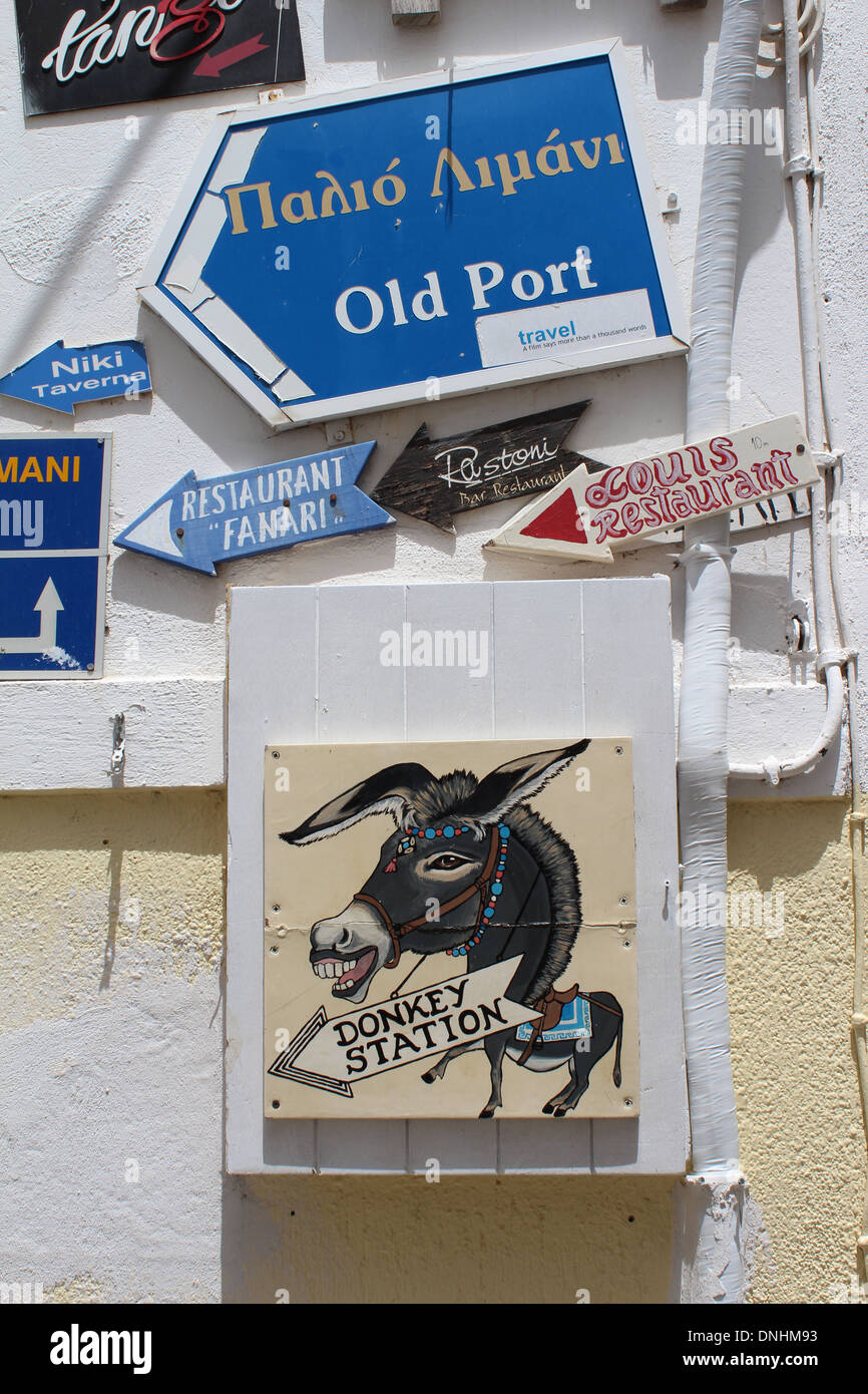 Donkey Station sign in the Greek town of Fira on the island Santorini ...