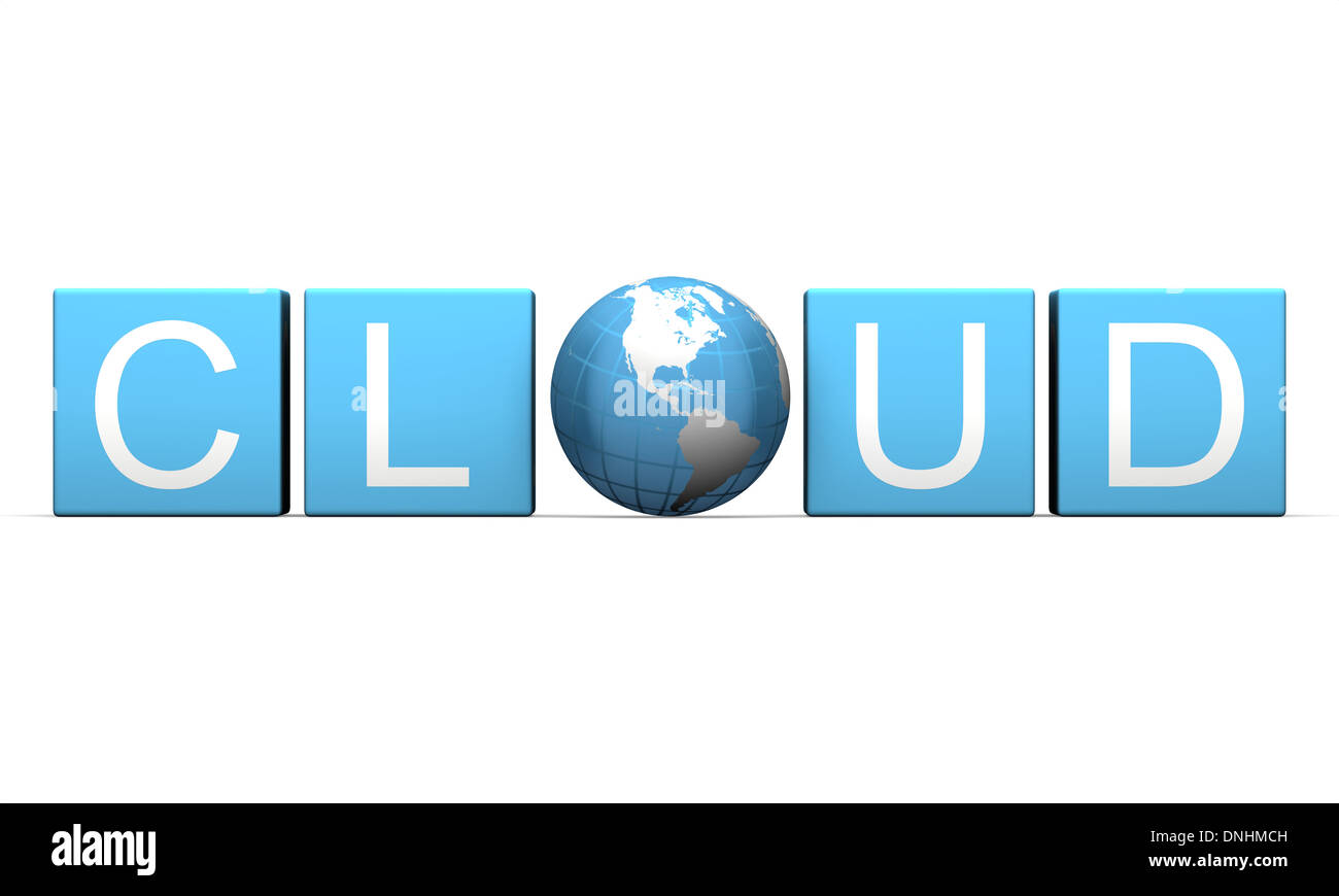 Blue cloud computing sign made of cubes and planet isolated on white ...