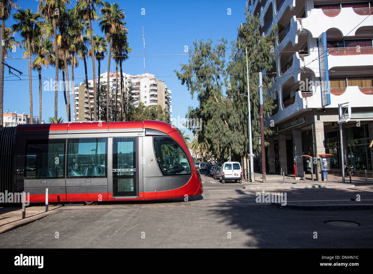 NEW TRAMWAY IN FRONT OF THE CASA VOYAGEURS TRAIN STATION, CASABLANCA ...