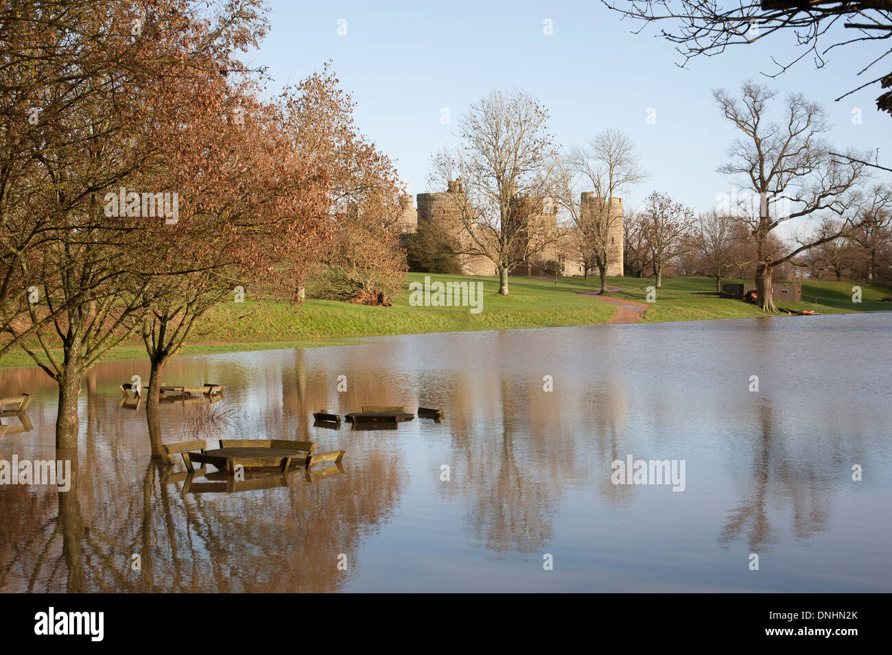 Bodium Castle and the River Rother which had burst its banks on the ...