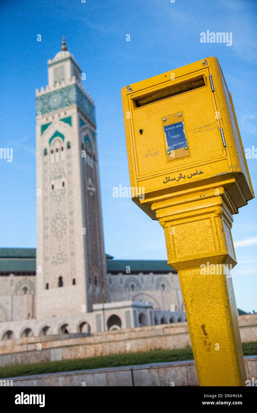 MAILBOX IN FRONT OF THE MINARET OF THE HASSAN II MOSQUE PARTLY ERECTED ...