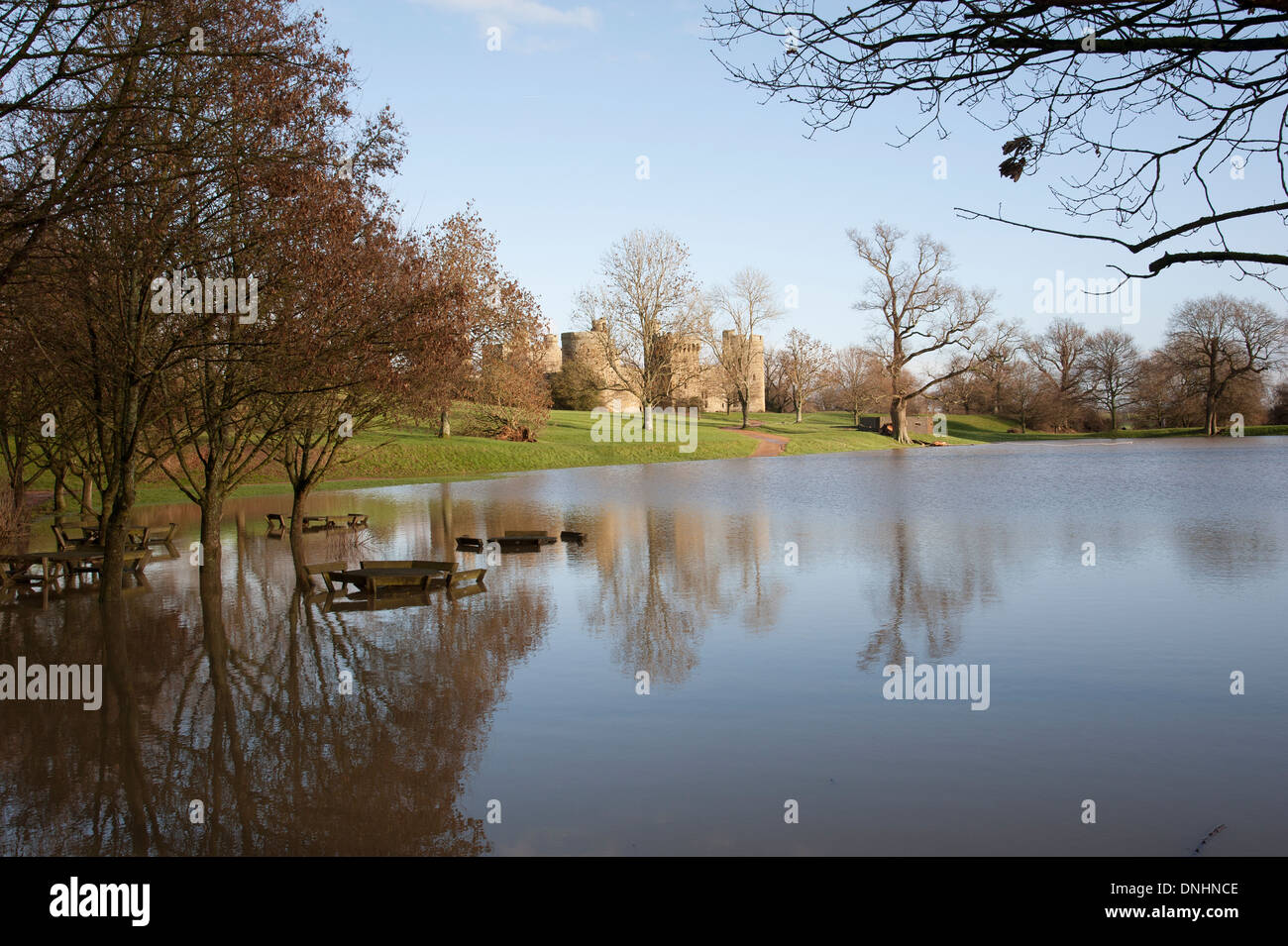 Bodium Castle and the River Rother which had burst its banks on the ...