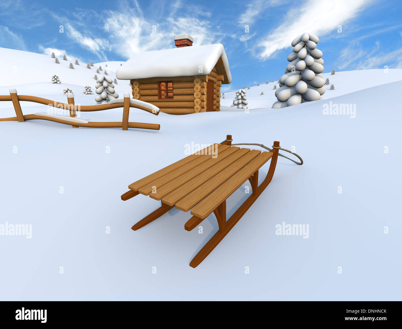 Picturesque winter scenery with log cabin and sledge Stock Photo - Alamy