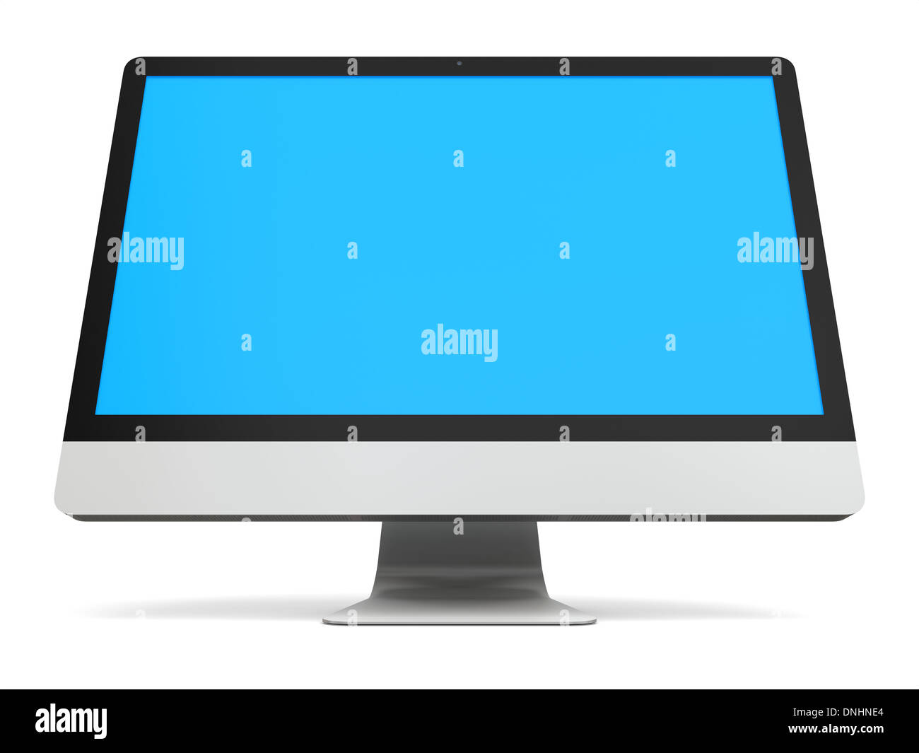 Modern desktop computer with blue screen isolated on white background ...