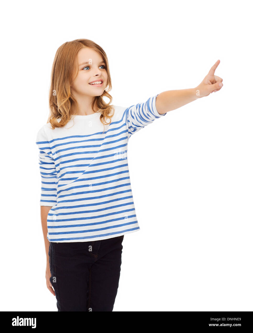 smiling girl pointing at virtual screen Stock Photo - Alamy