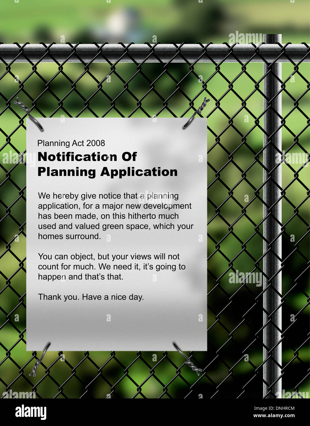 Notification Of Planning Application notice, fixed on wire fencing on ...