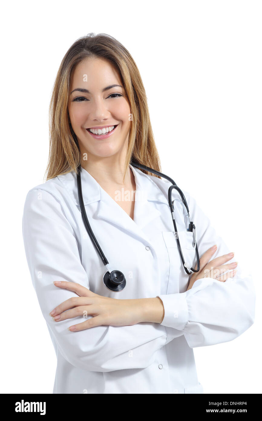 Beautiful doctor woman posing with folded arms isolated on a white ...