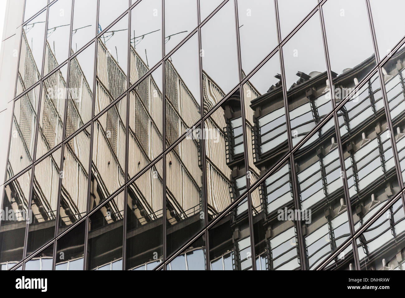 Reflections in the windows of the Gherkin, St Mary Axe, City of London ...