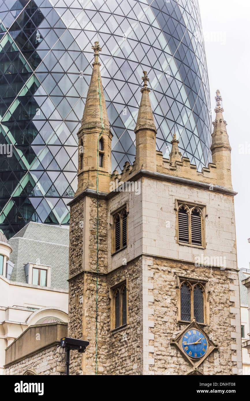 The Gherkin reflecting St Andrew Undershaft church, St Mary Axe and ...