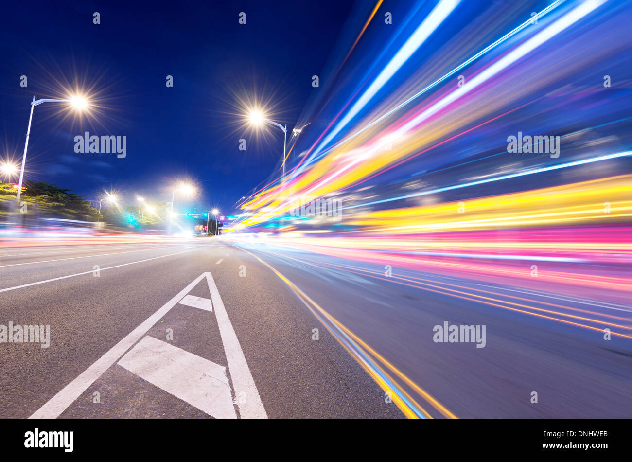 moving car with blur light through city at night Stock Photo - Alamy