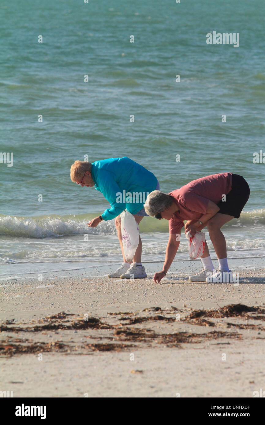 You can see visitors doing the "Sanibel Stoop" on the island's shores ...