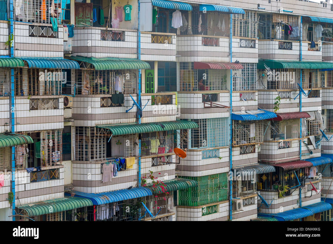YANGON, MYANMAR - CIRCA DECEMBER 2013: View of the facade of a typical ...