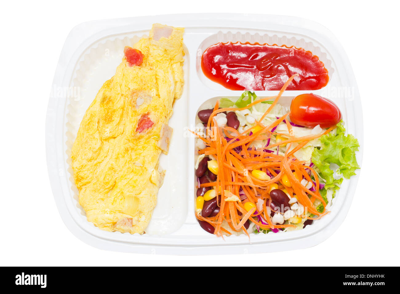 Omelette with fresk salad in white plastic box Stock Photo - Alamy
