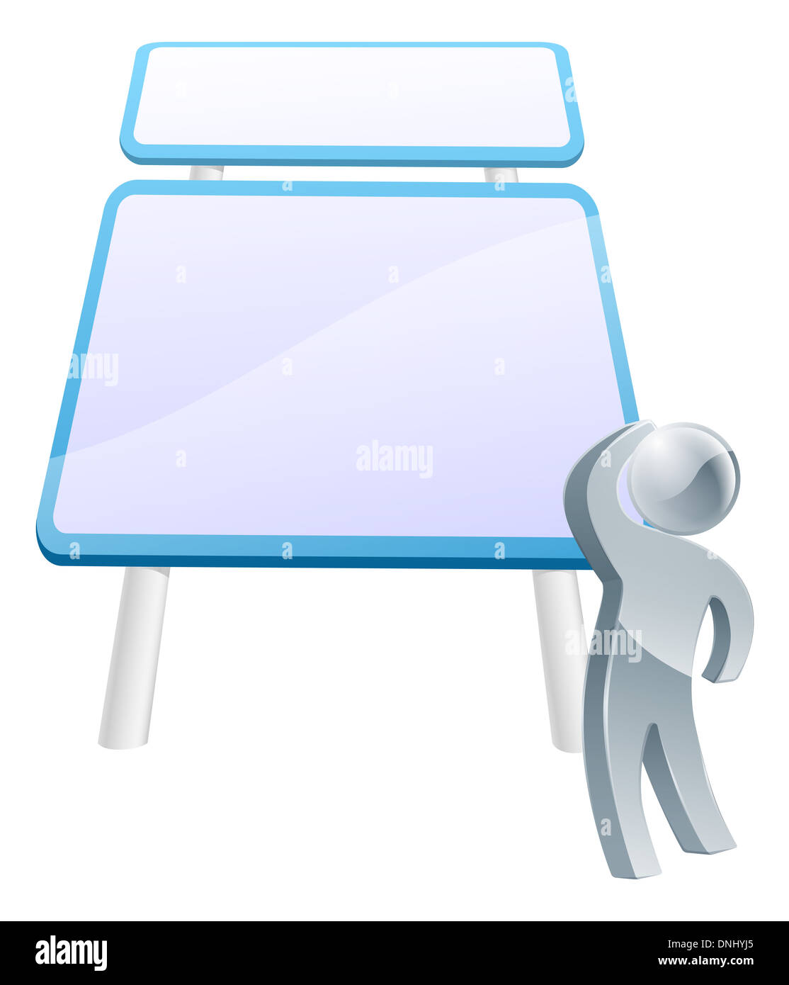 Making a decision concept, a silver mascot looking up at a big sign and ...