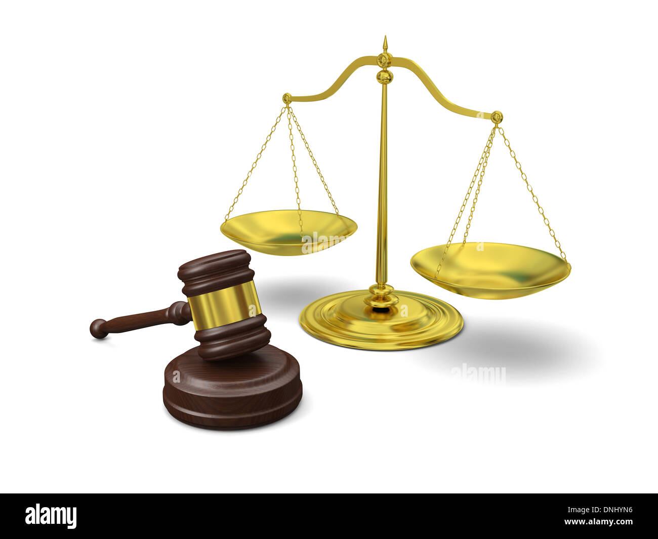 Golden scale and gavel on white background, symbols of law and justice ...