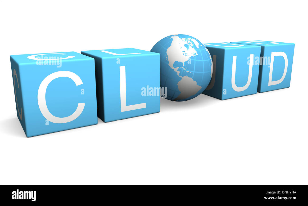 Blue cloud computing sign made of cubes and planet isolated on white ...