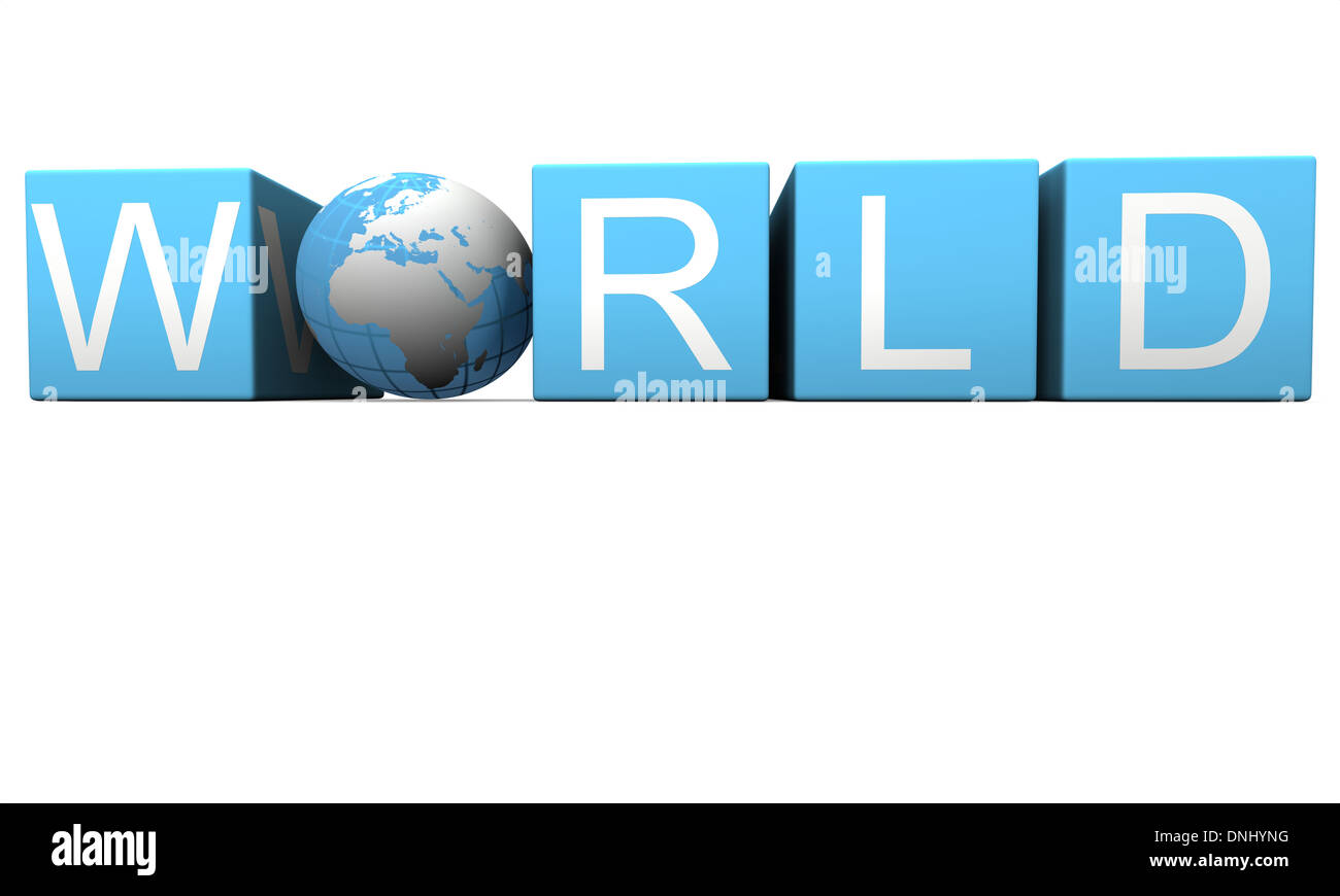 Blue world sign made of cubes and planet isolated on white background ...