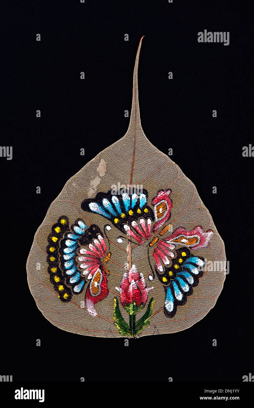 Hand Painted Indian design on a Sacred Fig tree leaf / Bodhi tree leaf ...